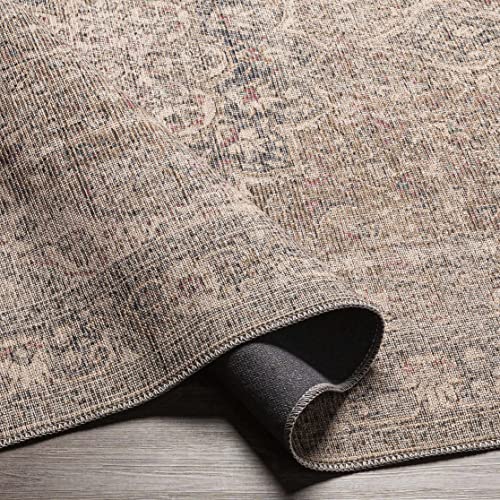 Greenpoint Machine Washable Area Rug - Oriental Persian Traditional Medallion - Bohemian Vintage Distressed Carpet - Brown, Beige - 6'7"x9'
