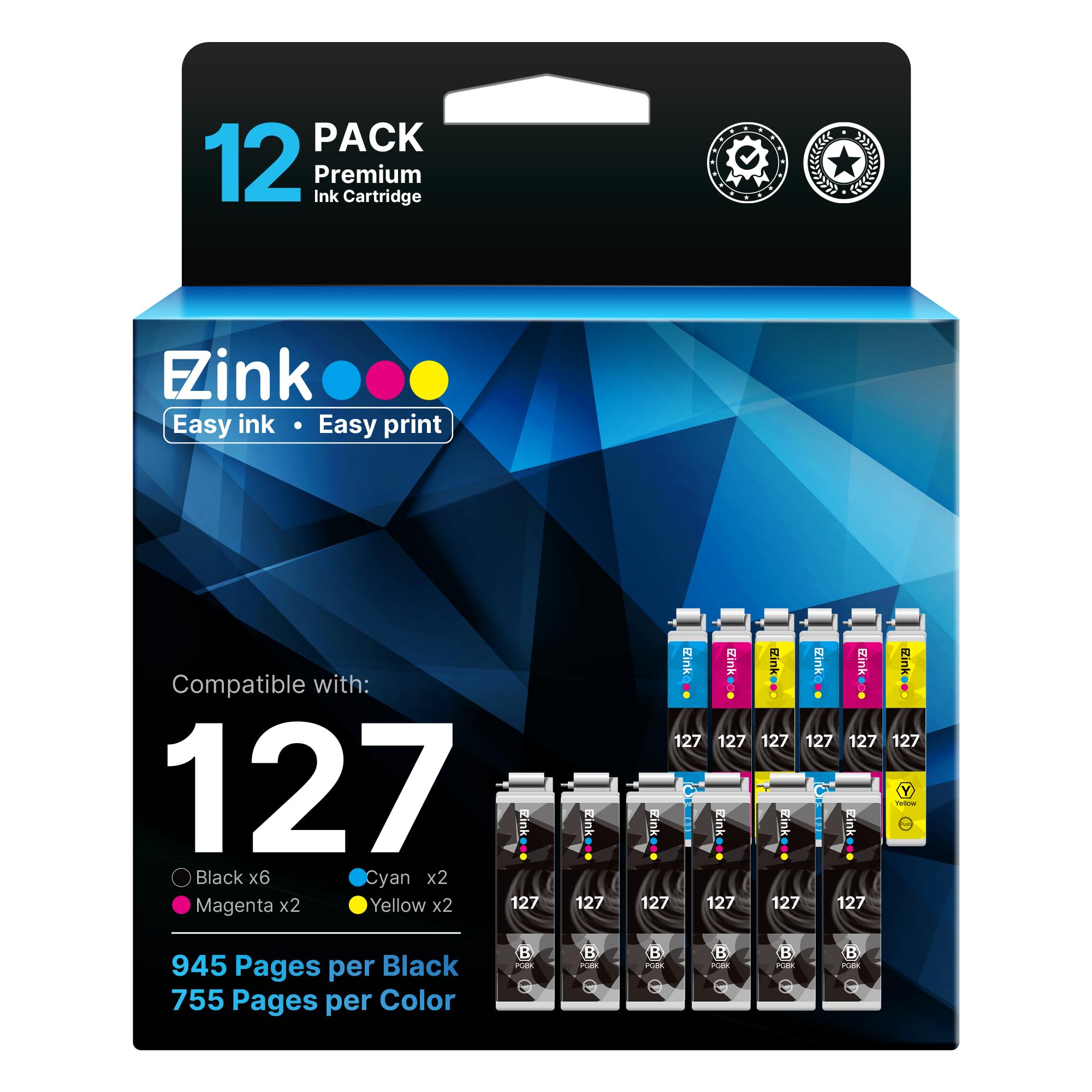 E-Z Ink (TM Remanufactured Ink Cartridge Replacement for Epson 127 T127 to use with NX530 625 WF-3520 WF-3530 WF-3540 WF-7010 WF-7510 7520 545 645 (6 Large Black, 2 Cyan, 2 Magenta, 2 Yellow) 12Pack