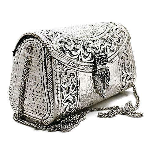 Trend Overseas women gift bridal bag Brass Metal Clutch Sling Bag Indian Ethnic Antique clutch (Silver)