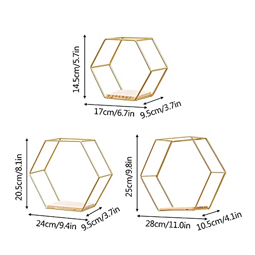 KHBNHJ 3 Pcs Gold Hexagon Wall Shelves, Floating Decorative Wire Wall Mounted Shelf, Multi-use Geometric Floating Shelves Metal Shelving for Bedroom Living Room Kitchen Office, 6.7in 9.4in 11in
