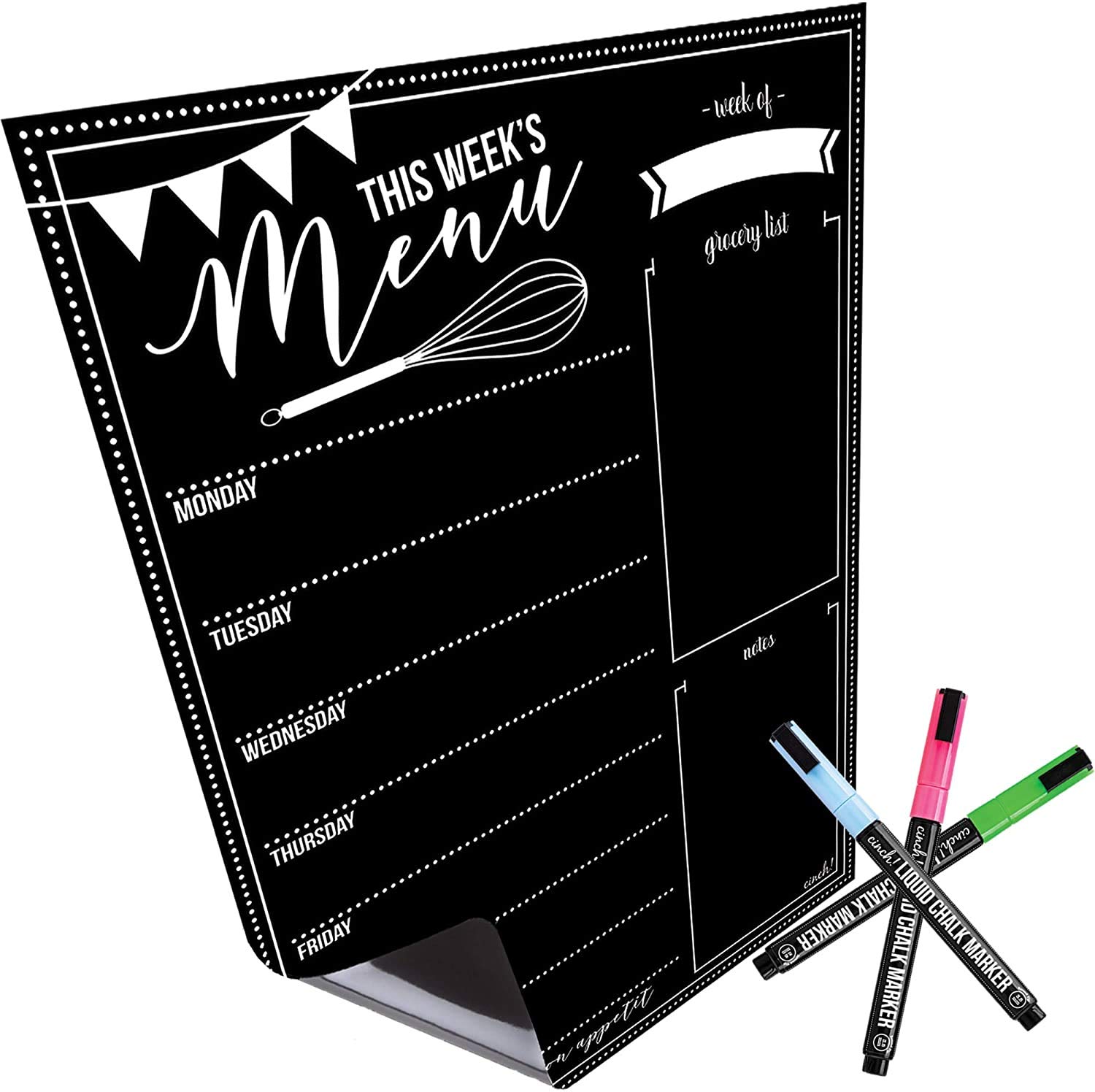 Magnetic Dry Erase Menu Board for Fridge with 3 Bright Neon Chalk Markers - 16x12" - Weekly Meal Planner Blackboard and Grocery List Notepad for Kitchen Refrigerator - Whiteboard Chalkboard Magnet