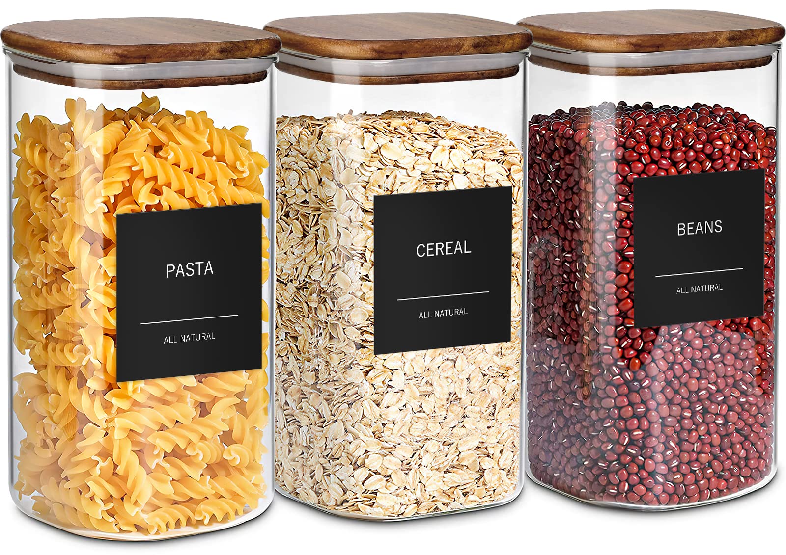 GMISUN Airtight Glass Storage Canister with Lid, 50oz Clear Glass Food Containers with Bamboo Lids, Square Kitchen Pantry Food Canister Jars for Pasta Coffee Beans Flour Cereal, 3 Pack