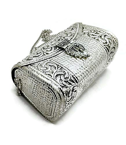 Trend Overseas women gift bridal bag Brass Metal Clutch Sling Bag Indian Ethnic Antique clutch (Silver)