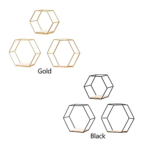KHBNHJ 3 Pcs Gold Hexagon Wall Shelves, Floating Decorative Wire Wall Mounted Shelf, Multi-use Geometric Floating Shelves Metal Shelving for Bedroom Living Room Kitchen Office, 6.7in 9.4in 11in