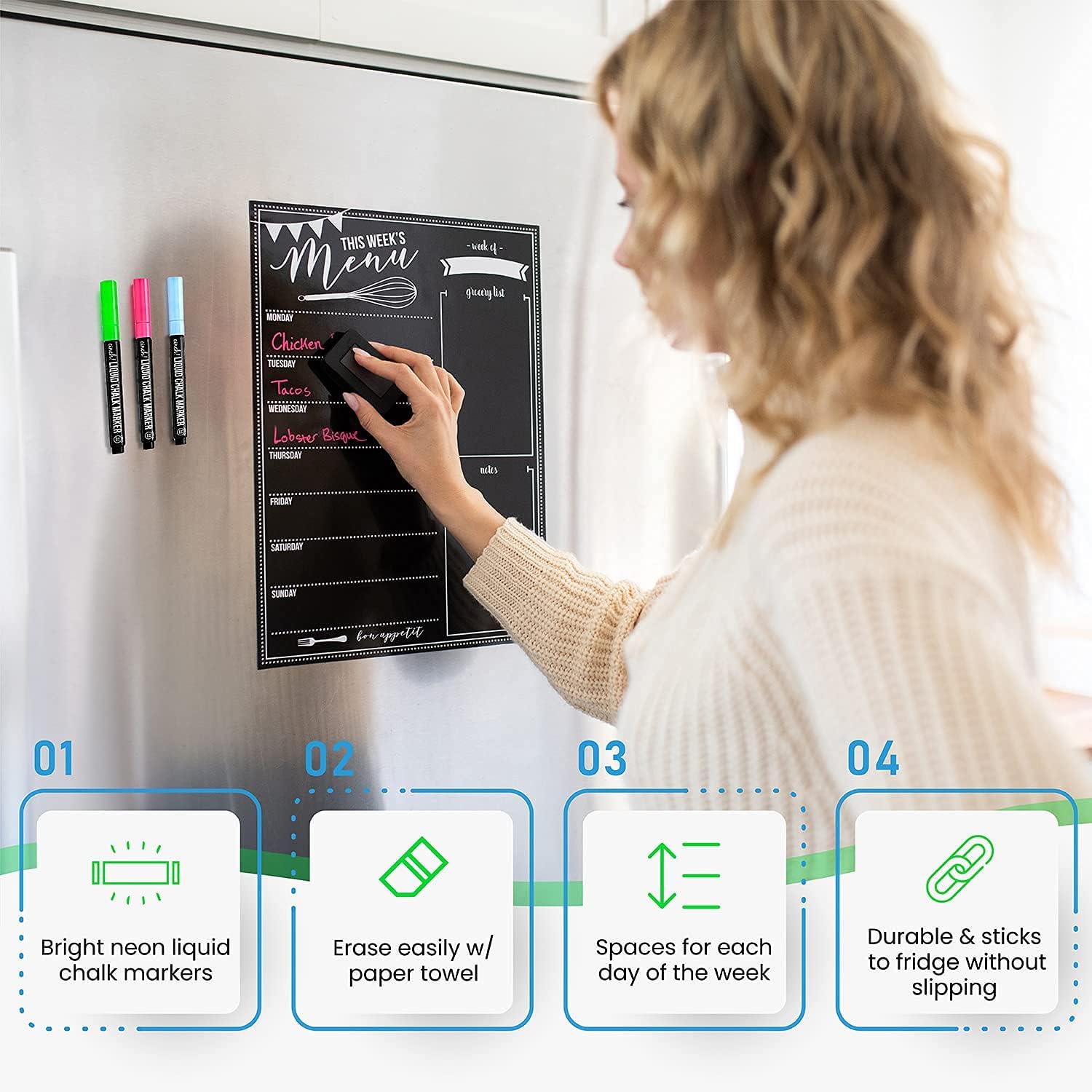 Magnetic Dry Erase Menu Board for Fridge with 3 Bright Neon Chalk Markers - 16x12" - Weekly Meal Planner Blackboard and Grocery List Notepad for Kitchen Refrigerator - Whiteboard Chalkboard Magnet