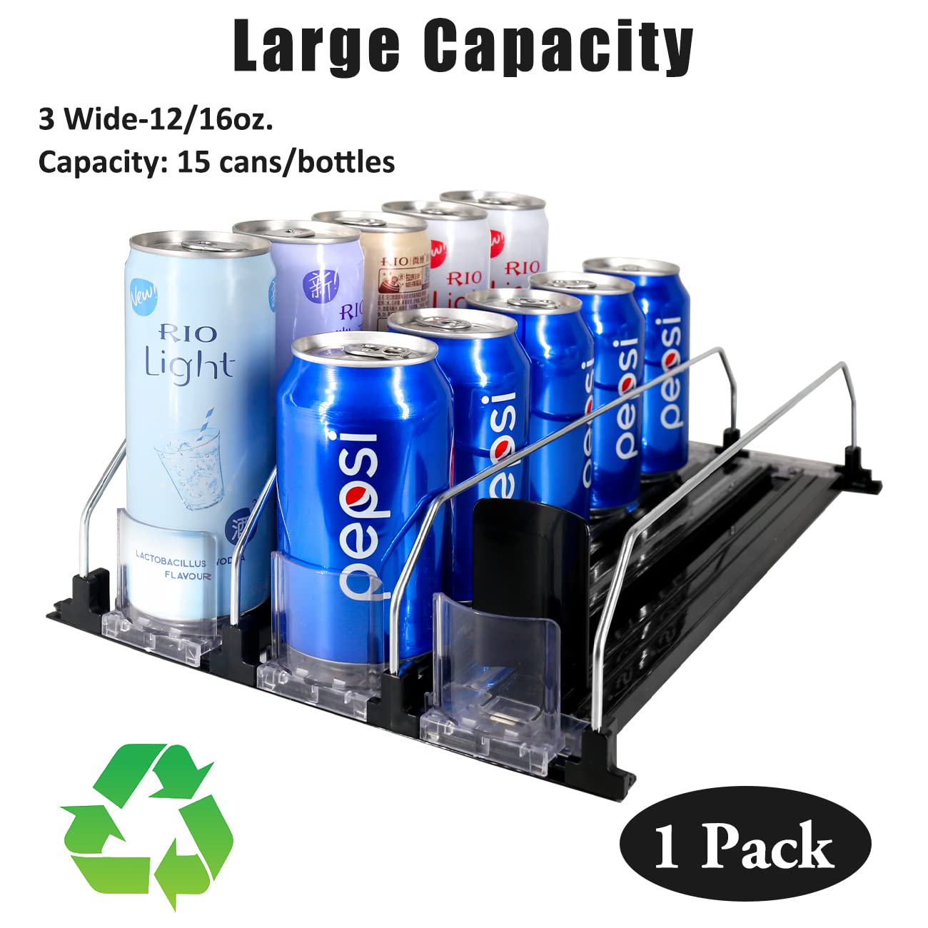 Soda Can Organizer for Refrigerator, Self-Pushing Drink Organizer for Fridge, Width Ajustable Drink Dispenser for Fridge Glide, Holds up to 15 Cans (12-20oz)