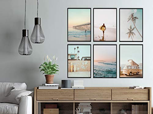 iMagitek Set of 6 Unframed California Coastal Surf Wall Art Prints, Beach Sunset Wall Poster, Surfboard Wall Art (8" x 10")