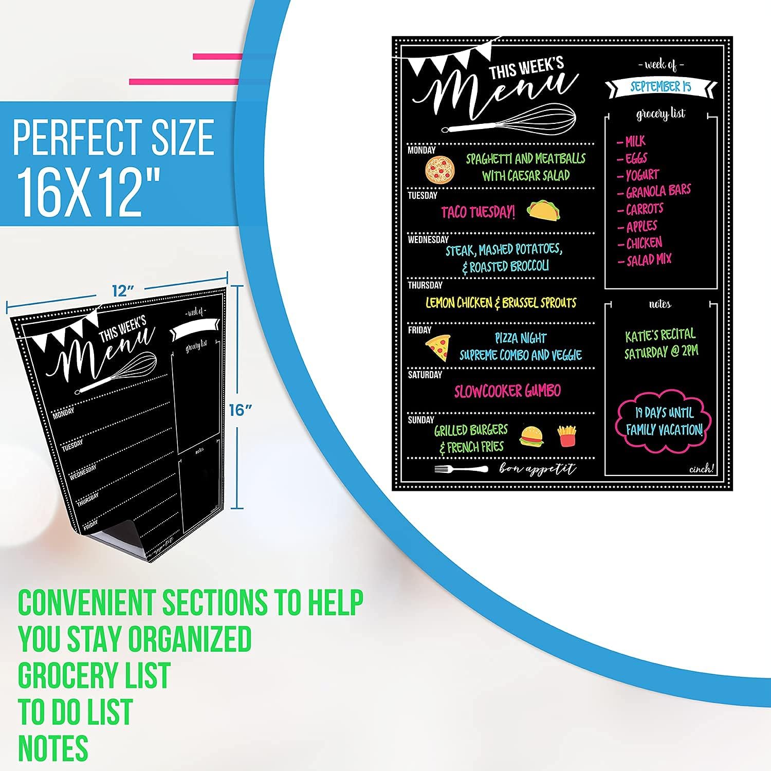 Magnetic Dry Erase Menu Board for Fridge with 3 Bright Neon Chalk Markers - 16x12" - Weekly Meal Planner Blackboard and Grocery List Notepad for Kitchen Refrigerator - Whiteboard Chalkboard Magnet