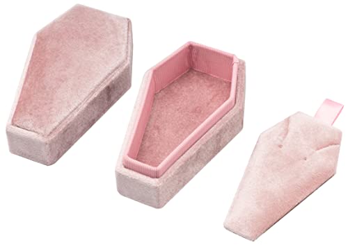 Giftop Velvet Coffin Necklace Box Pendant Case for Accessories Gothic Home Jewelry Organizer Decorations Goth Decor Gifts (Pink)