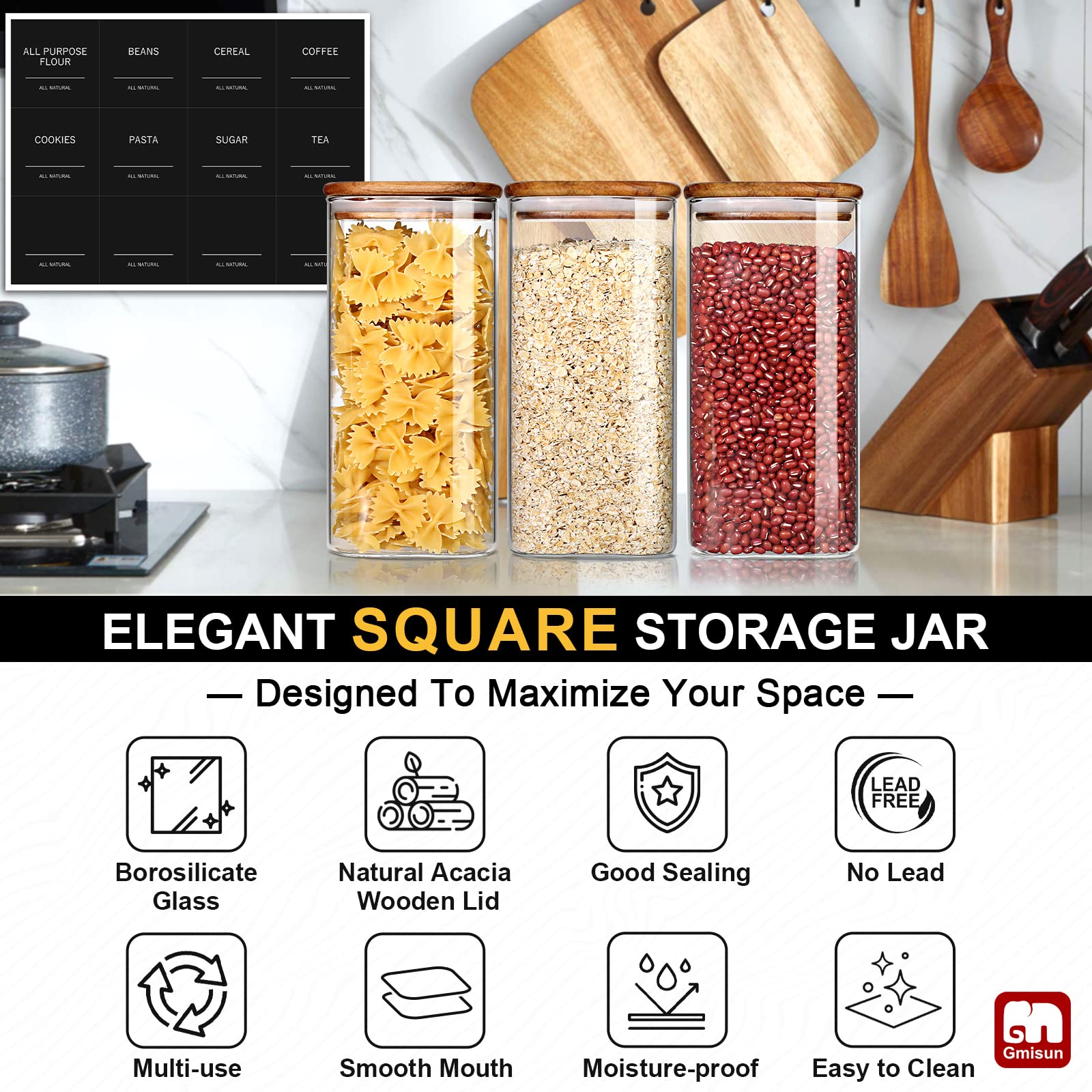 GMISUN Airtight Glass Storage Canister with Lid, 50oz Clear Glass Food Containers with Bamboo Lids, Square Kitchen Pantry Food Canister Jars for Pasta Coffee Beans Flour Cereal, 3 Pack