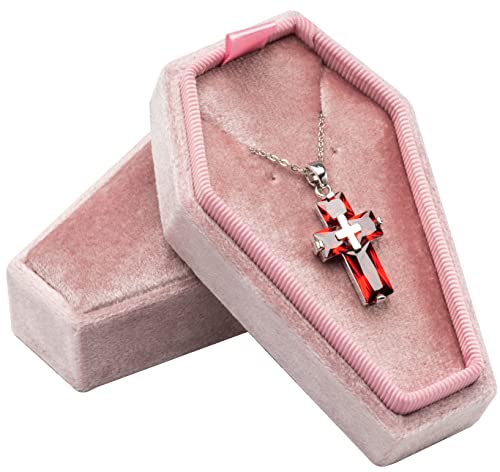 Giftop Velvet Coffin Necklace Box Pendant Case for Accessories Gothic Home Jewelry Organizer Decorations Goth Decor Gifts (Pink)