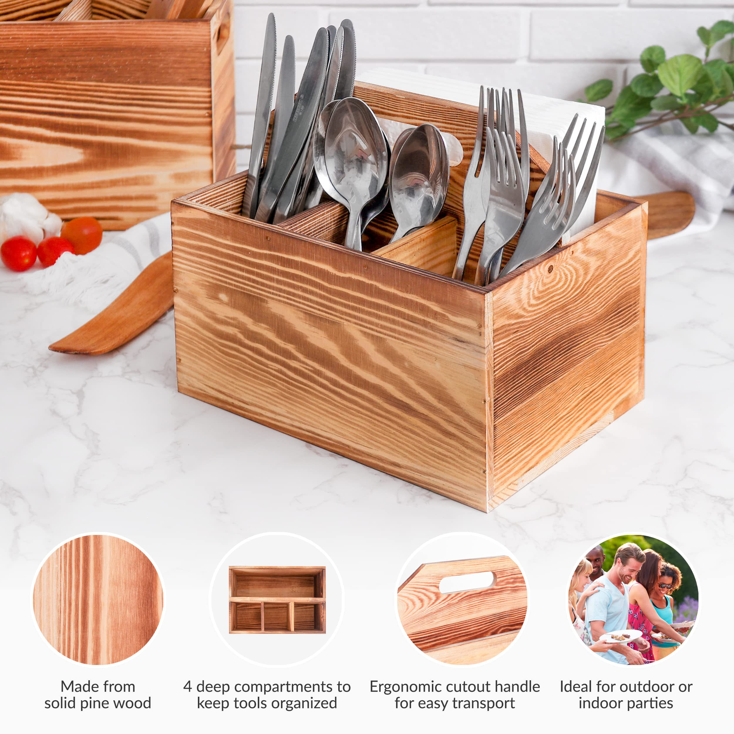 Utensil and Napkin Holder Flatware Caddy with Handle in Rustic Wood for Forks, Spoons and Knives, Silverware Organizer