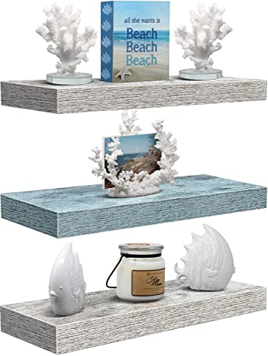 Sorbus Floating Shelf Set - Rustic Engineered Wood Coastal Beach Style Hanging Rectangle Wall Shelves for Home DĂŠcor, Trophy Display, Photo Frames, etc.(Blue/White, 3 Pack)