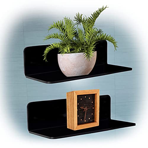 2 Pack - Acrylic Floating Wall Shelves | Great for Bedroom, Kitchen, Office or Bathroom | Great Bedside Shelf for Phone | No Drill or Tools Required