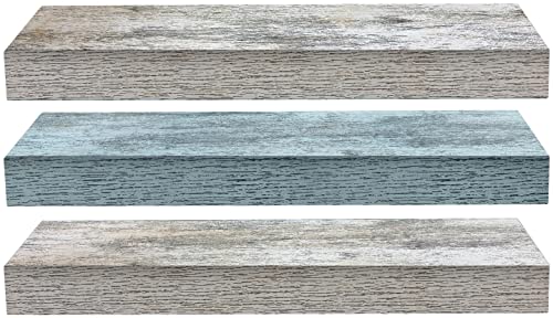 Sorbus Floating Shelf Set - Rustic Engineered Wood Coastal Beach Style Hanging Rectangle Wall Shelves for Home Décor, Trophy Display, Photo Frames, etc.(Blue/White, 3 Pack)