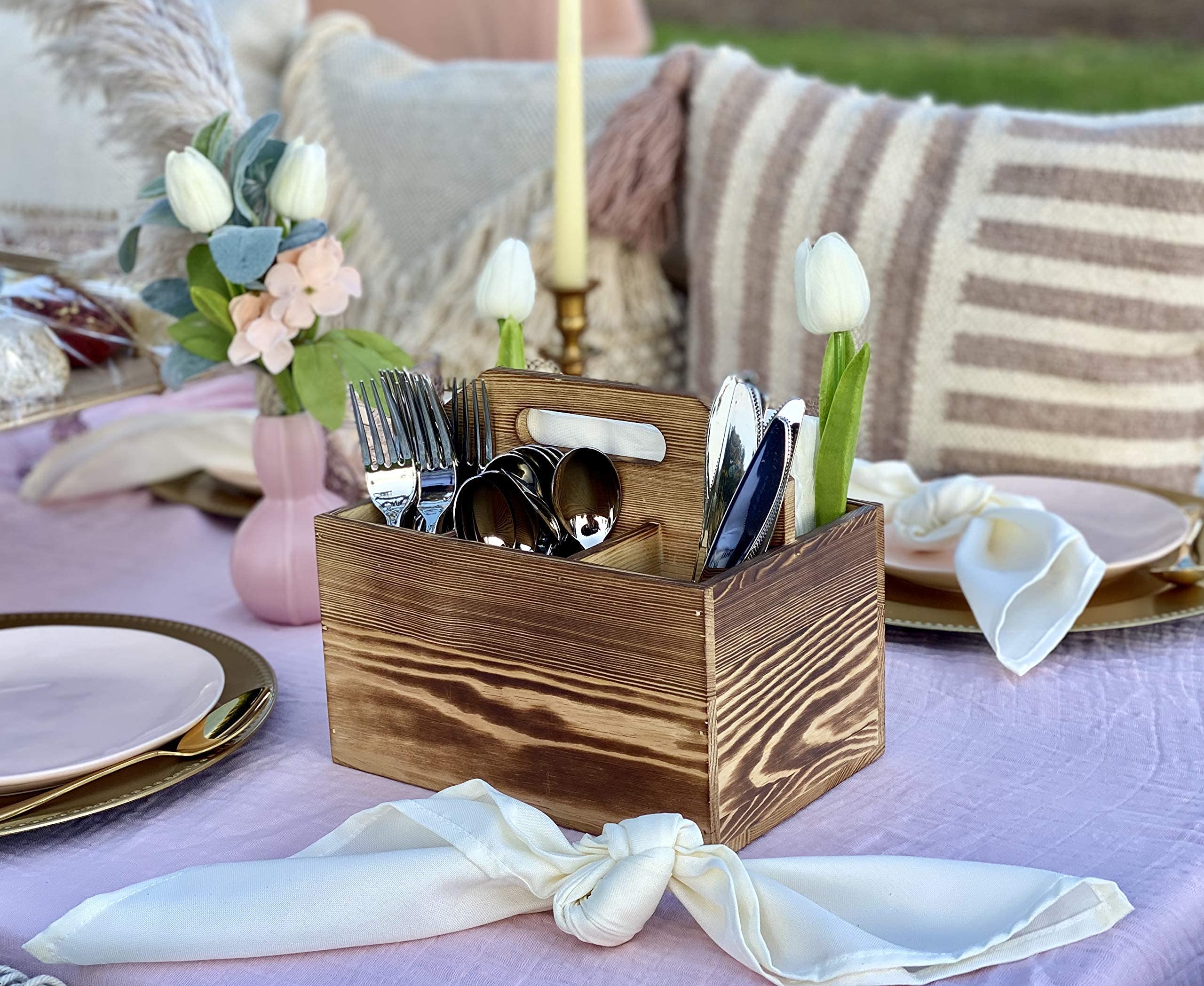 Utensil and Napkin Holder Flatware Caddy with Handle in Rustic Wood for Forks, Spoons and Knives, Silverware Organizer