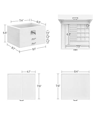SONGMICS Jewelry Box, Lockable Jewelry Storage Organizer, Jewelry Case with Glass Window, for Rings, Earrings, Studs, Bracelets, Necklaces, White UJBC158W01