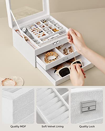 SONGMICS Jewelry Box, Lockable Jewelry Storage Organizer, Jewelry Case with Glass Window, for Rings, Earrings, Studs, Bracelets, Necklaces, White UJBC158W01