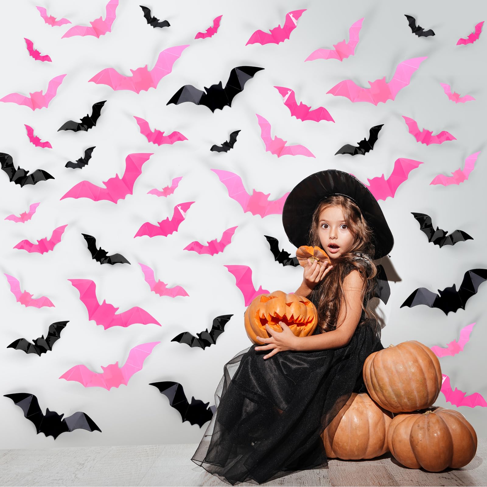 Whaline 224Pcs Halloween Wall Decoration 3D Bats with Foam Adhesive Black Pink Rose Red Waterproof Spooky Bats Stickers Hocus Pocus Party Supplies for Halloween Home Wall Window Door Decor, 4 Sizes