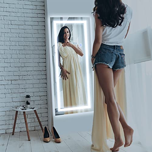 QiMH Vertical 47x22 Inch Wall Mounted LED Lighted Vanity Mirror with Aluminum Frame Backlit, 3 Colors Dimmable Light, Bedroom and Bathroom Hanging Rectangle Whole Body Mirror