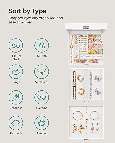 SONGMICS Jewelry Box, Lockable Jewelry Storage Organizer, Jewelry Case with Glass Window, for Rings, Earrings, Studs, Bracelets, Necklaces, White UJBC158W01