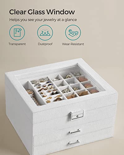 SONGMICS Jewelry Box, Lockable Jewelry Storage Organizer, Jewelry Case with Glass Window, for Rings, Earrings, Studs, Bracelets, Necklaces, White UJBC158W01