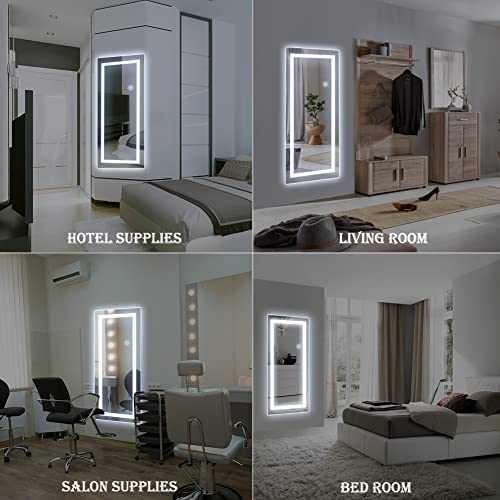 QiMH Vertical 47x22 Inch Wall Mounted LED Lighted Vanity Mirror with Aluminum Frame Backlit, 3 Colors Dimmable Light, Bedroom and Bathroom Hanging Rectangle Whole Body Mirror