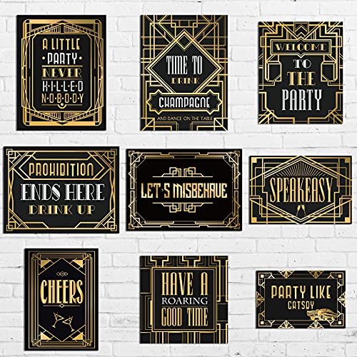 LINGXIU 9 Pieces Roaring 20s Party Decorations Black and Gold Retro Jazz Party Roaring Twenties Wall Signs Decorations Kit for 1920s Party Speakeasy Decorations Supplies