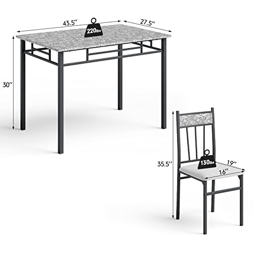 NAFORT 5-Piece Dining Table Set for 4, Vintage Rectangular Kitchen Table and 4 Chairs with Cushion Padded Seat, Metal and Wood Dining Set Kitchen Furniture, Marble Top