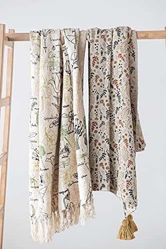 Creative Co-Op Woven Recycled Cotton Blend Printed Blanket with Neutral Floral Pattern and Tassels Throw, Multicolored