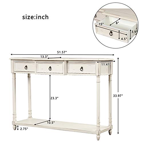 P PURLOVE Console Table Sofa Table with 3 Drawers Luxurious and Exquisite Design for Entryway with Projecting Drawers and Long Shelf (Antique White)