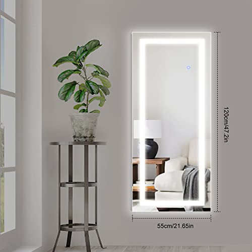 QiMH Vertical 47x22 Inch Wall Mounted LED Lighted Vanity Mirror with Aluminum Frame Backlit, 3 Colors Dimmable Light, Bedroom and Bathroom Hanging Rectangle Whole Body Mirror