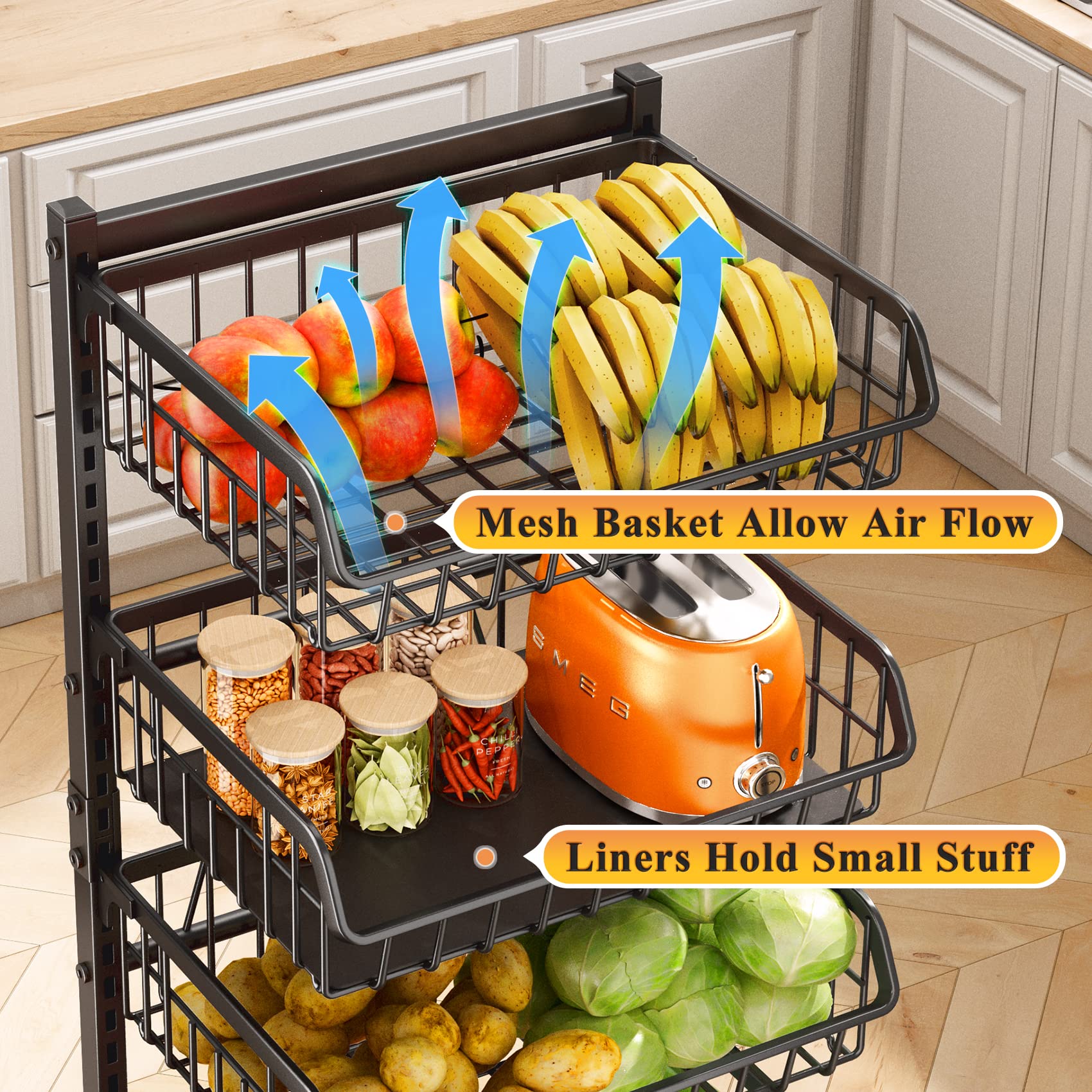 4 Tier Rolling Cart, Adjustable Metal Storage Utility Cart on Wheels for Office Kitchen Laundry Bathroom Bedroom, Black