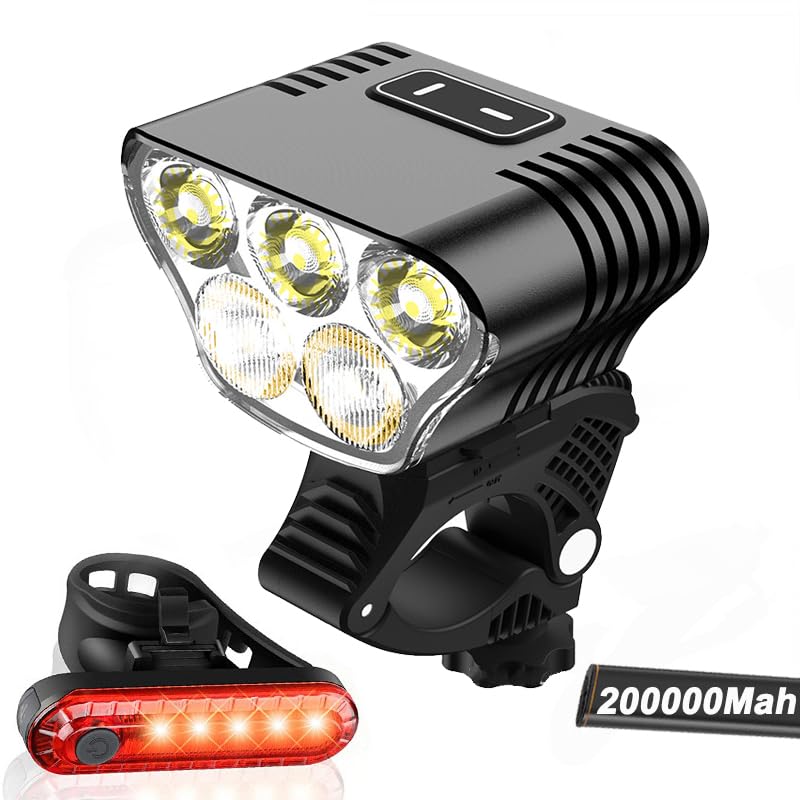 Bike Lights for Night Riding Aluminum Mounts Front and Back 5000 Lumen 12h 20000mah External Battery Pack for Night Riders, Mountain Bikers, Off-Road Cyclists