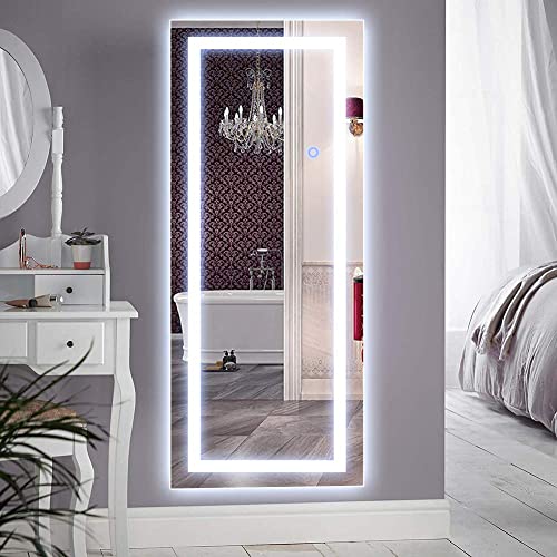 QiMH Vertical 47x22 Inch Wall Mounted LED Lighted Vanity Mirror with Aluminum Frame Backlit, 3 Colors Dimmable Light, Bedroom and Bathroom Hanging Rectangle Whole Body Mirror