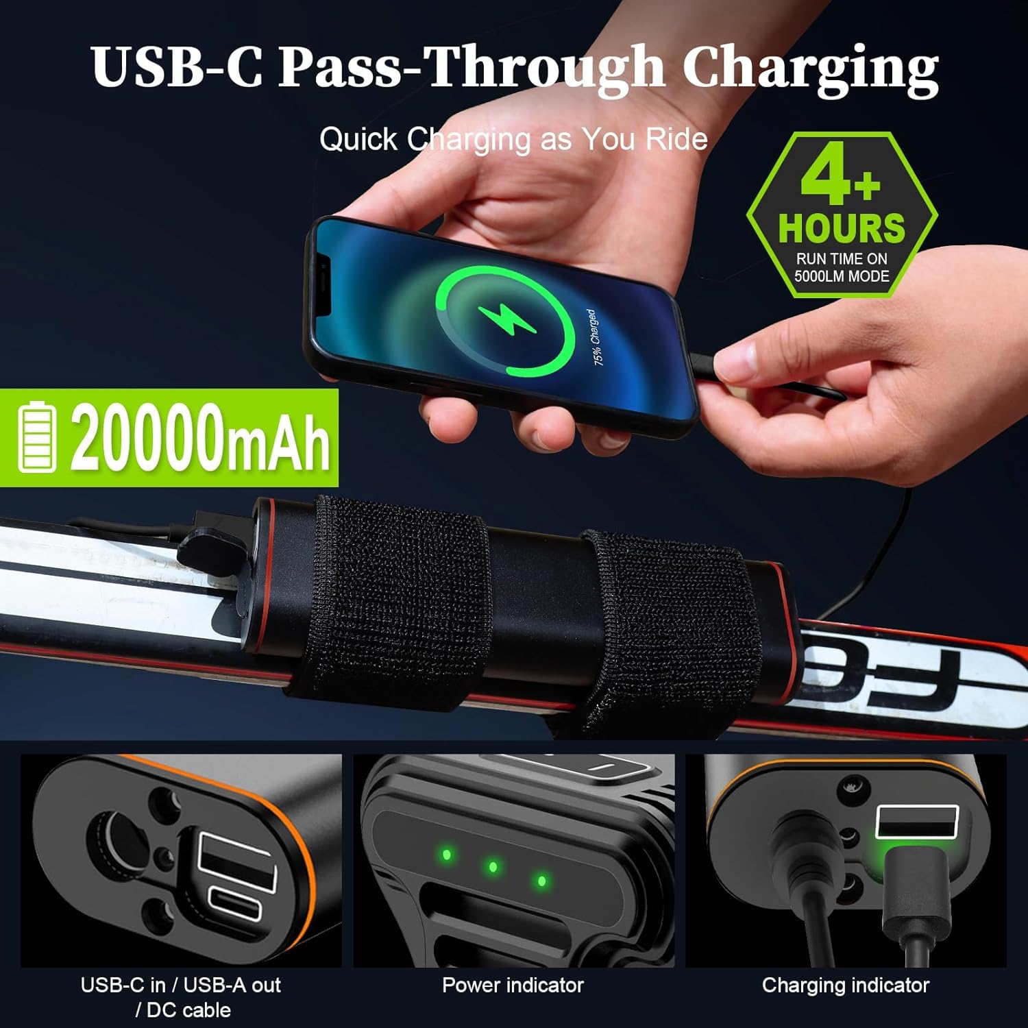 Bike Lights for Night Riding Aluminum Mounts Front and Back 5000 Lumen 12h 20000mah External Battery Pack for Night Riders, Mountain Bikers, Off-Road Cyclists