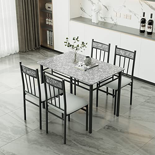NAFORT 5-Piece Dining Table Set for 4, Vintage Rectangular Kitchen Table and 4 Chairs with Cushion Padded Seat, Metal and Wood Dining Set Kitchen Furniture, Marble Top