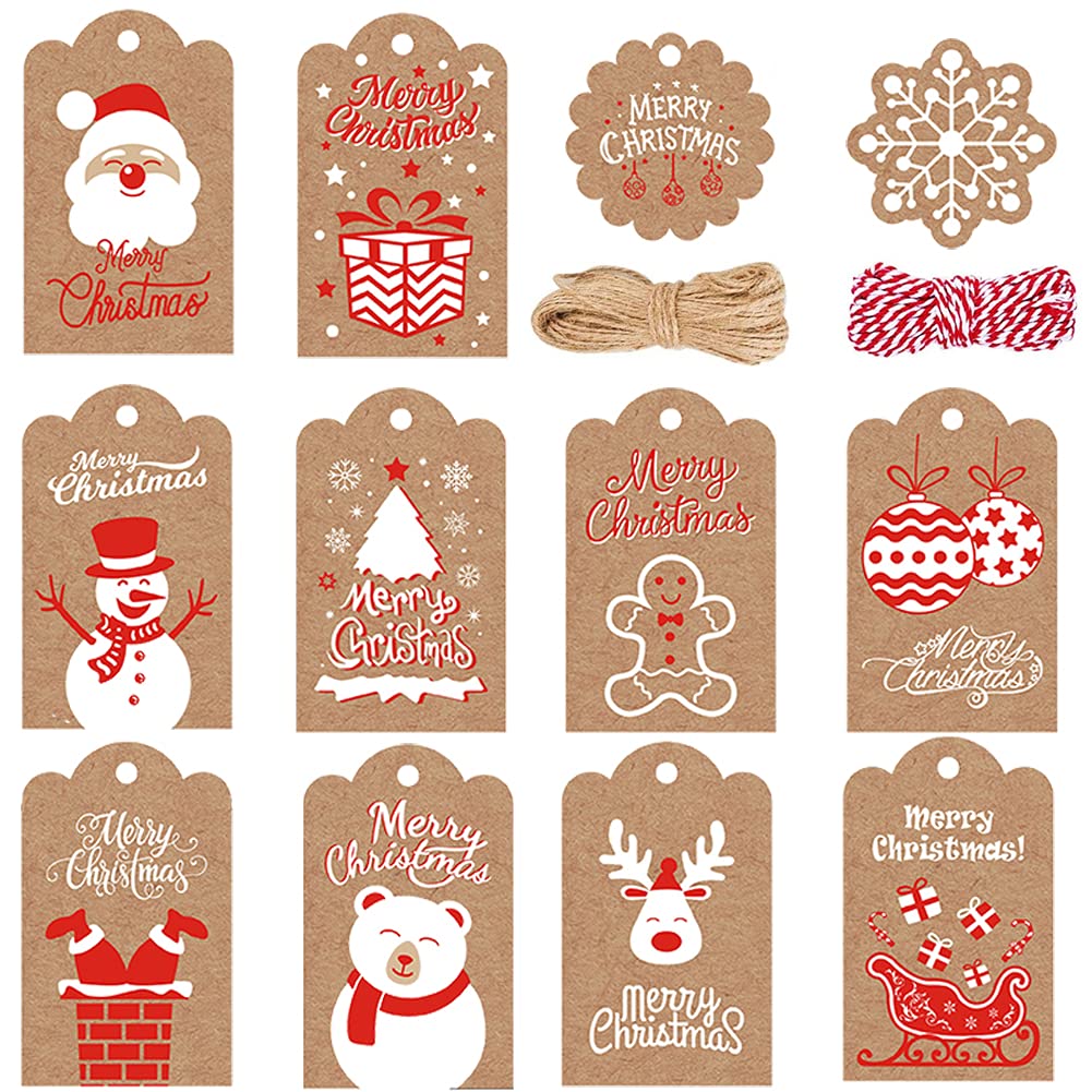 120PCS Christmas Gift Tags Brown Kraft Paper Christmas Gift Tags Hanging Name Tags Labels with Twine String for Christmas Gift Wrap, DIY Arts and Crafts, Wedding