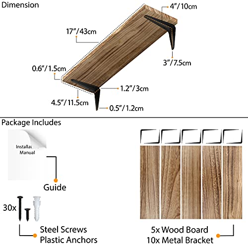 Wallniture Arras Floating Shelves for Wall, 17"x 4.5" Rustic Bookshelf for Living Room Decor, Bookshelves for Home Office, Burned Finish Storage Shelf Set of 5