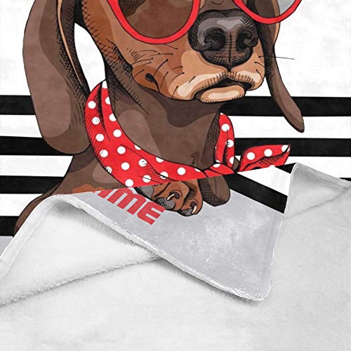 CUXWEOT Custom Blanket with Name Text,Personalized Dachshund Dog in a Red Sunglasses Super Soft Fleece Throw Blanket for Couch Sofa Bed (50 X 60 inches)