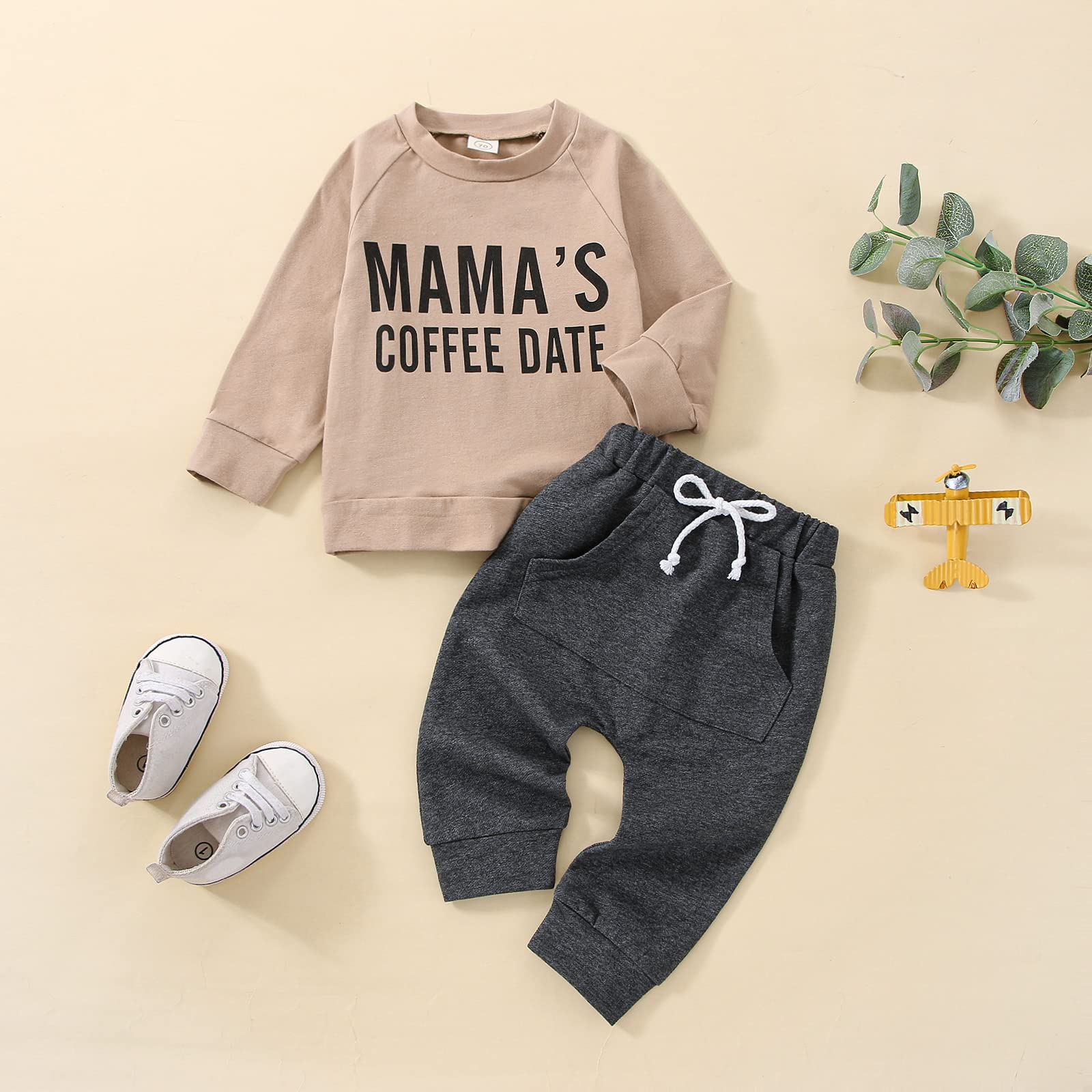 Newborn Baby Boy Outfits 6 12 18 24 Months Button Cartoon Letters Shirt & Long Ox Head Print Pants 2Pcs Clothes Set (A Camel, 18-24 Months)