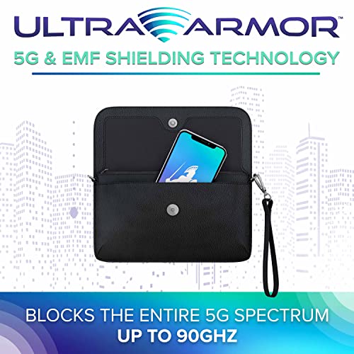 DefenderShield EMF Protection Clutch Purse - RFID Blocking Anti Radiation Crossbody Wristlet Handbag - Vegan Leather Bag, Black Pebble Grain