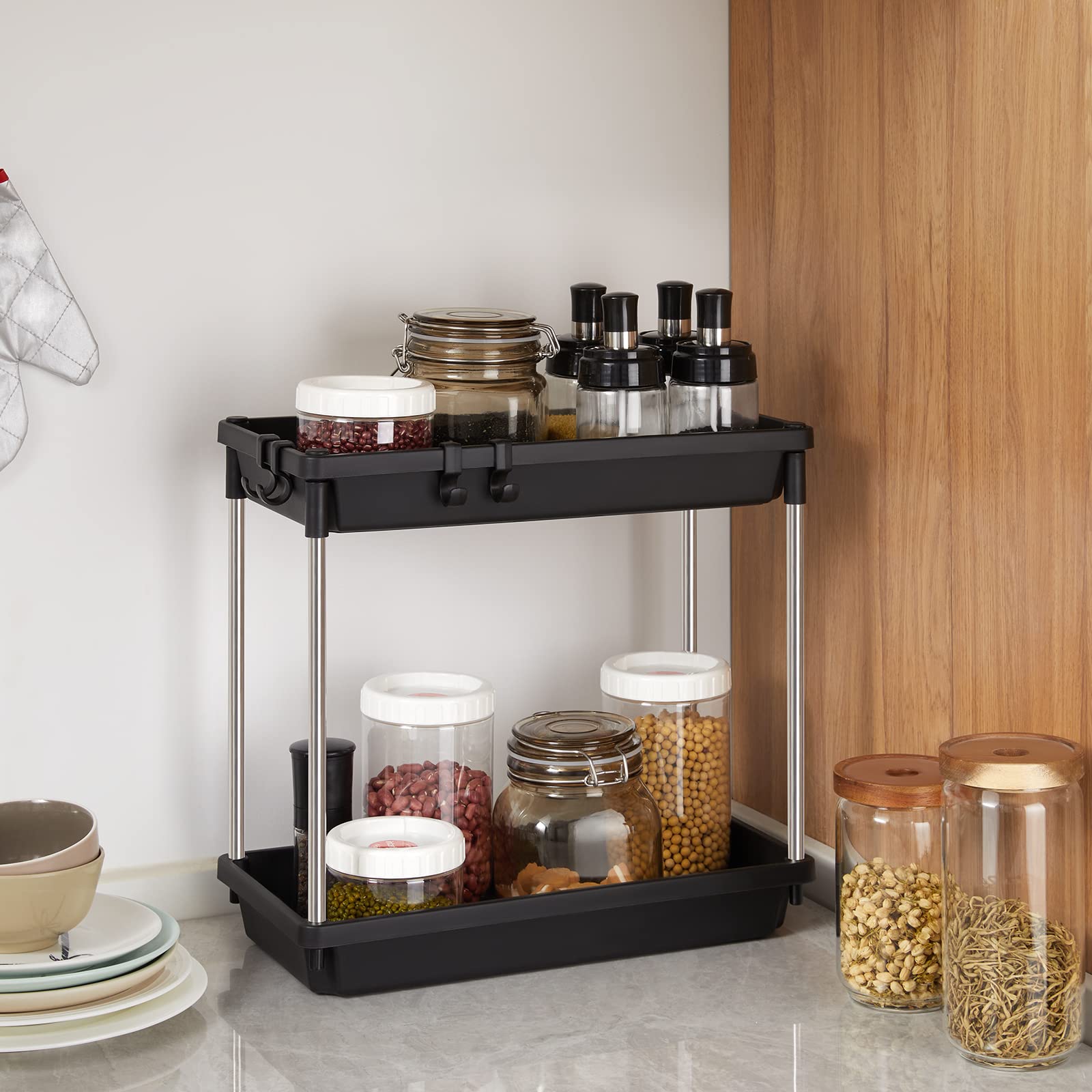 Lifewit Under Sink Organizer, 2 Tier Shelf Rack with 4 Hooks for Bathroom Cabinet Kitchen Countertop Office Holder Storage, Multi-purpose Baskets Holder for Space Saving, Easy Assembly, Black
