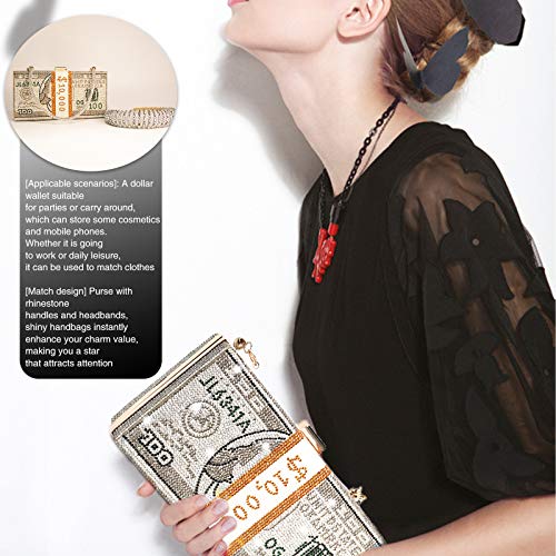 2 Pieces Set Rhinestone US Dollar Money Purse Party Evening Handbags Wedding Dinner Bag, Stack of Cash Clutch Purses,with Crystal Headbands (Grey)
