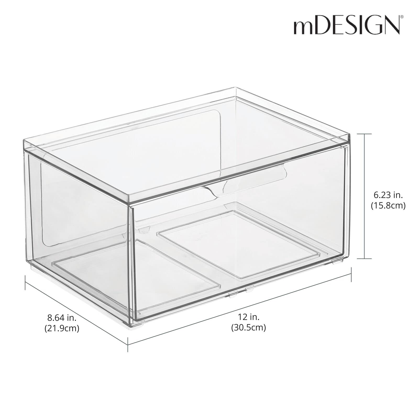 mDesign Plastic Wide Stackable Closet Storage Organizer Bin Containers with Front Pull Drawer for Cabinet, Desk, Shelf, Cupboard, or Dresser Organization - Lumiere Collection - 4 Pack - Clear