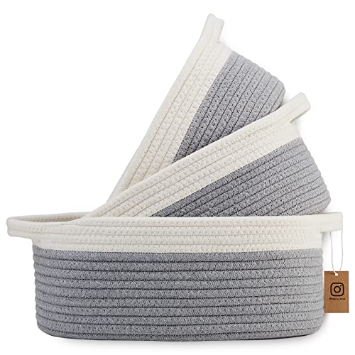 NaturalCozy 3-Piece Oval Storage Basket Set– Natural Rope Woven Baskets for Storage, Gift Basket Empty, Toy Basket, Soft Baby Basket for Nursery, Cat Dog Toy Baskets, Small Basket (Off White & Gray)