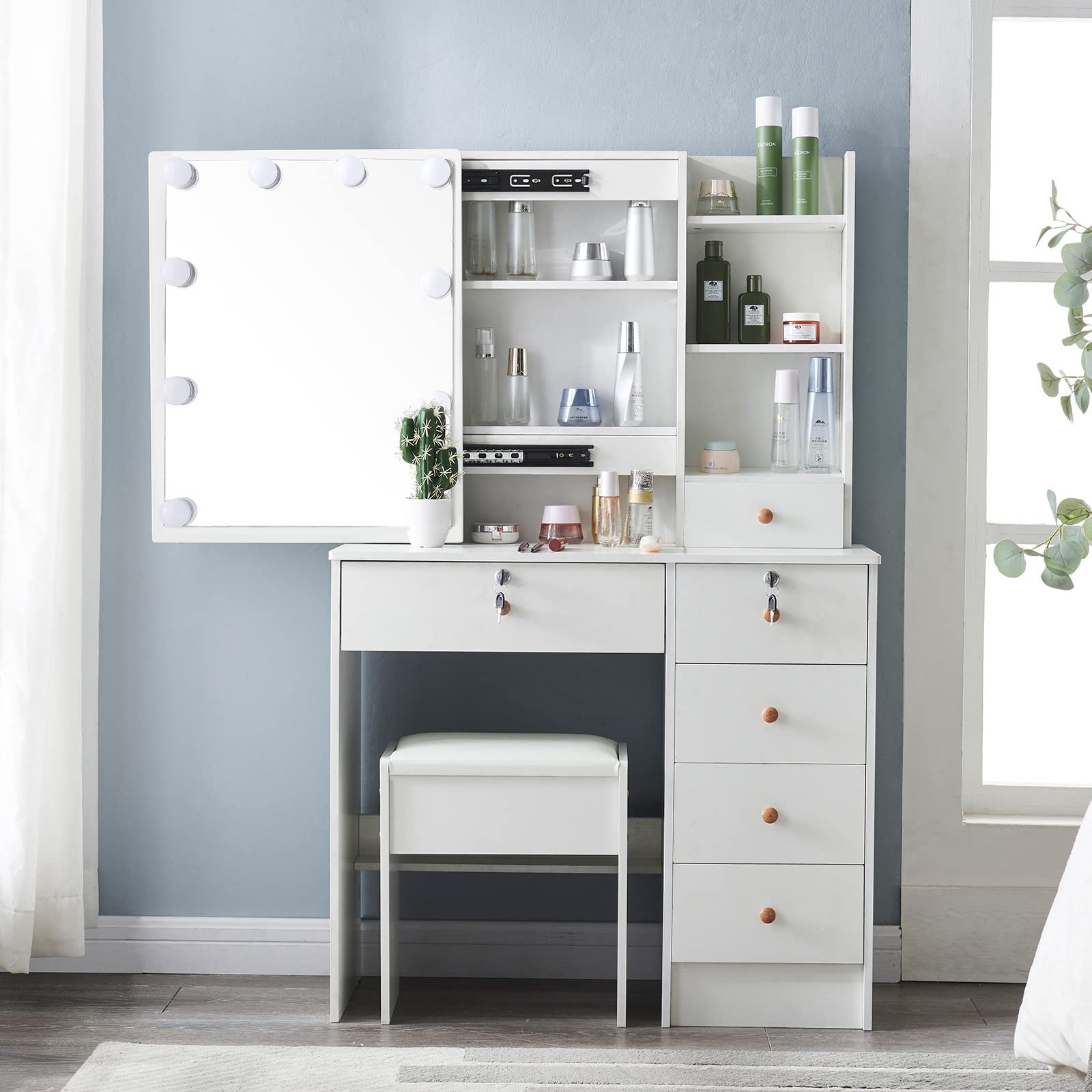 Abesthink Makeup Vanity Table with Drawers, Vanity Desk Set with Shelves, Dresser Desk and Cushioned Stool Set White for Gitls Women