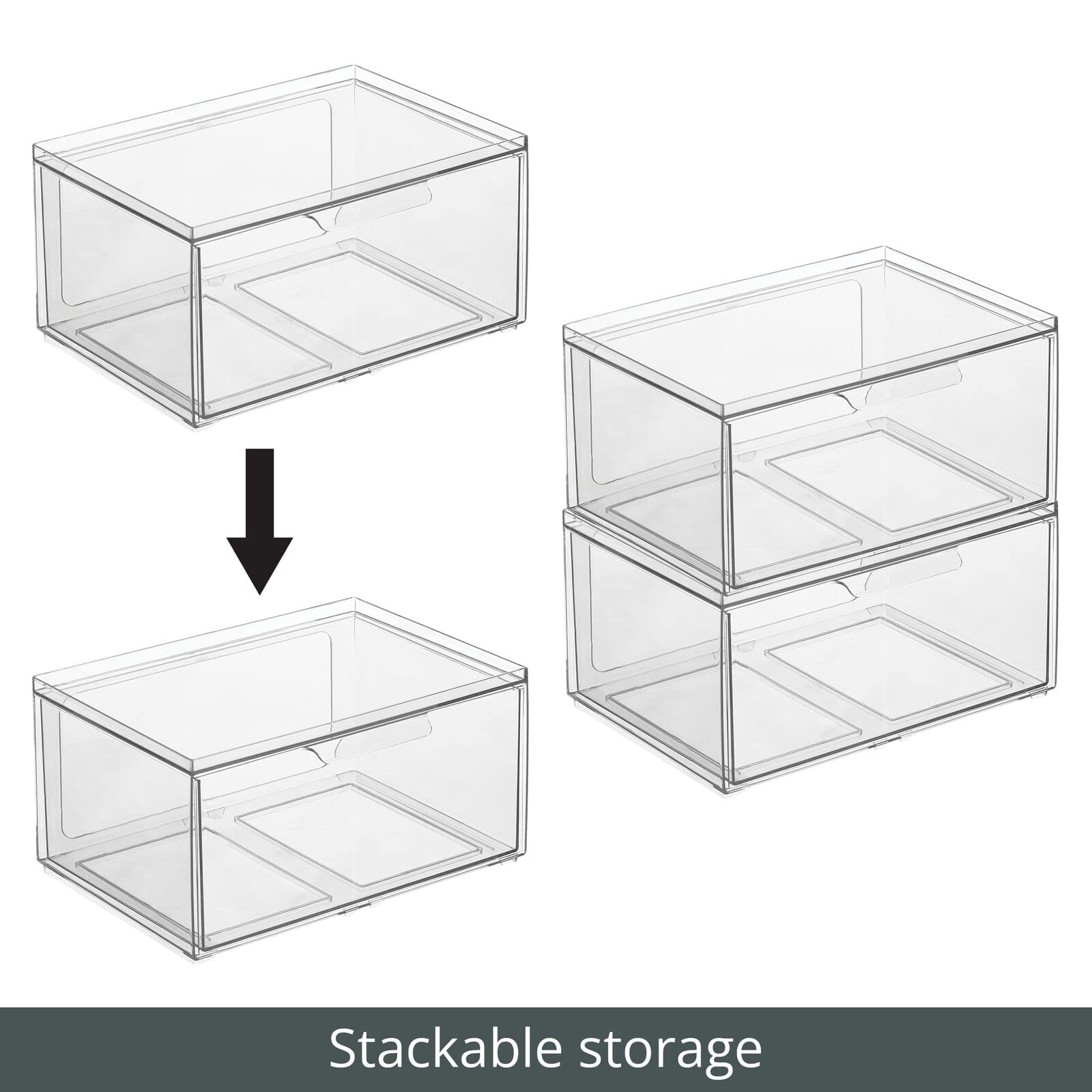 mDesign Plastic Wide Stackable Closet Storage Organizer Bin Containers with Front Pull Drawer for Cabinet, Desk, Shelf, Cupboard, or Dresser Organization - Lumiere Collection - 4 Pack - Clear
