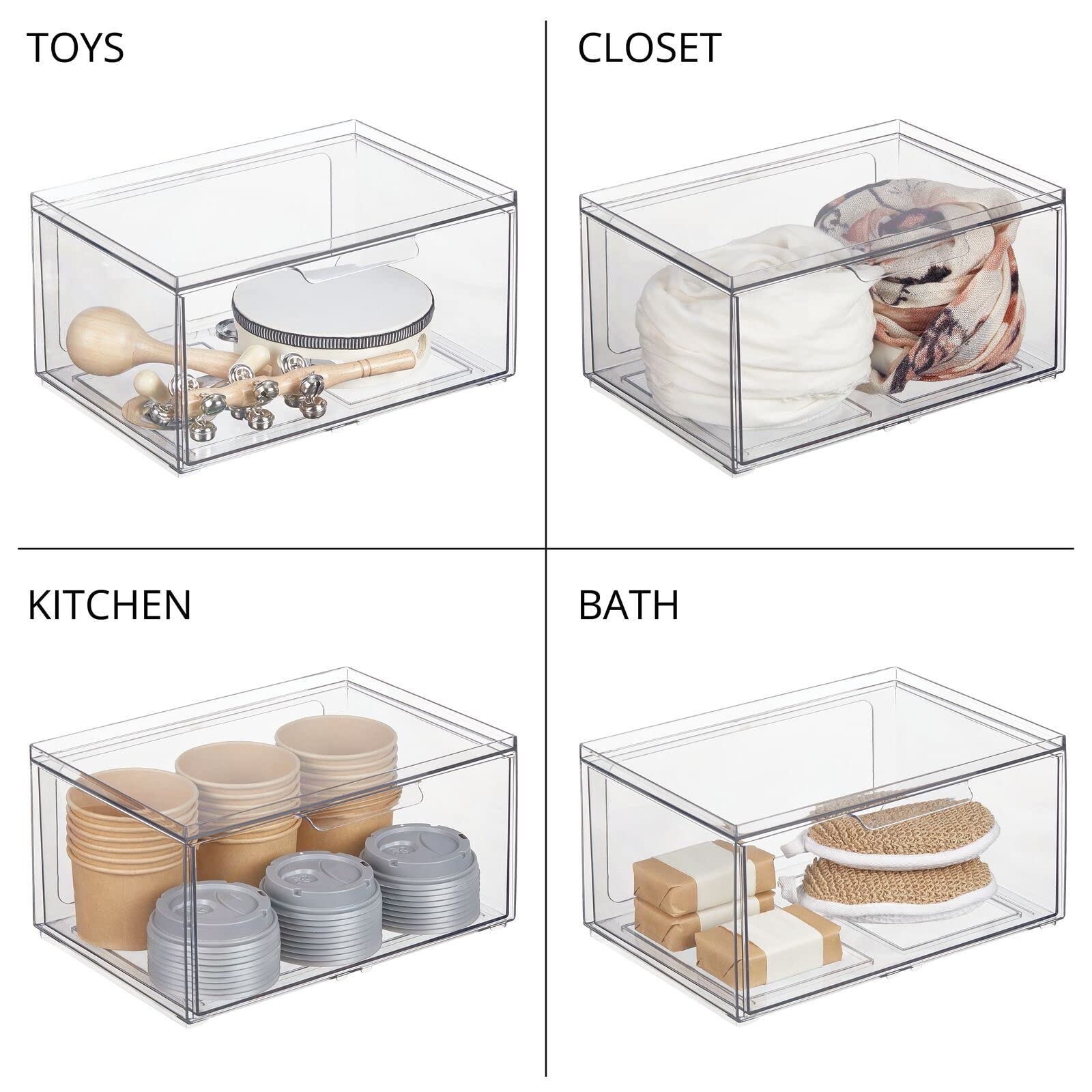 mDesign Plastic Wide Stackable Closet Storage Organizer Bin Containers with Front Pull Drawer for Cabinet, Desk, Shelf, Cupboard, or Dresser Organization - Lumiere Collection - 4 Pack - Clear