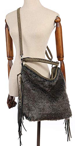 SHOMICO Fur Hobo Bag Fringe Purse for Women Boho shoulder Big (Large Fur Brown)